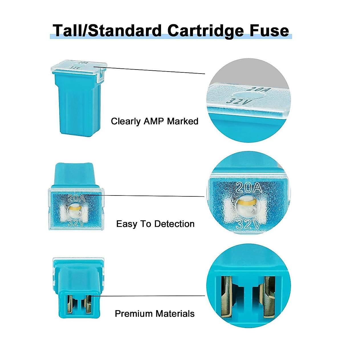 Riseuvo 40 Pcs Car Cartridge Fuses - Automotive Jcase Fuses Assortment Kit Low Profile and Tall/Standard Box Shaped Fuses 20A 30A 40A 50A 60A for RV, SUV, Cars, Boats