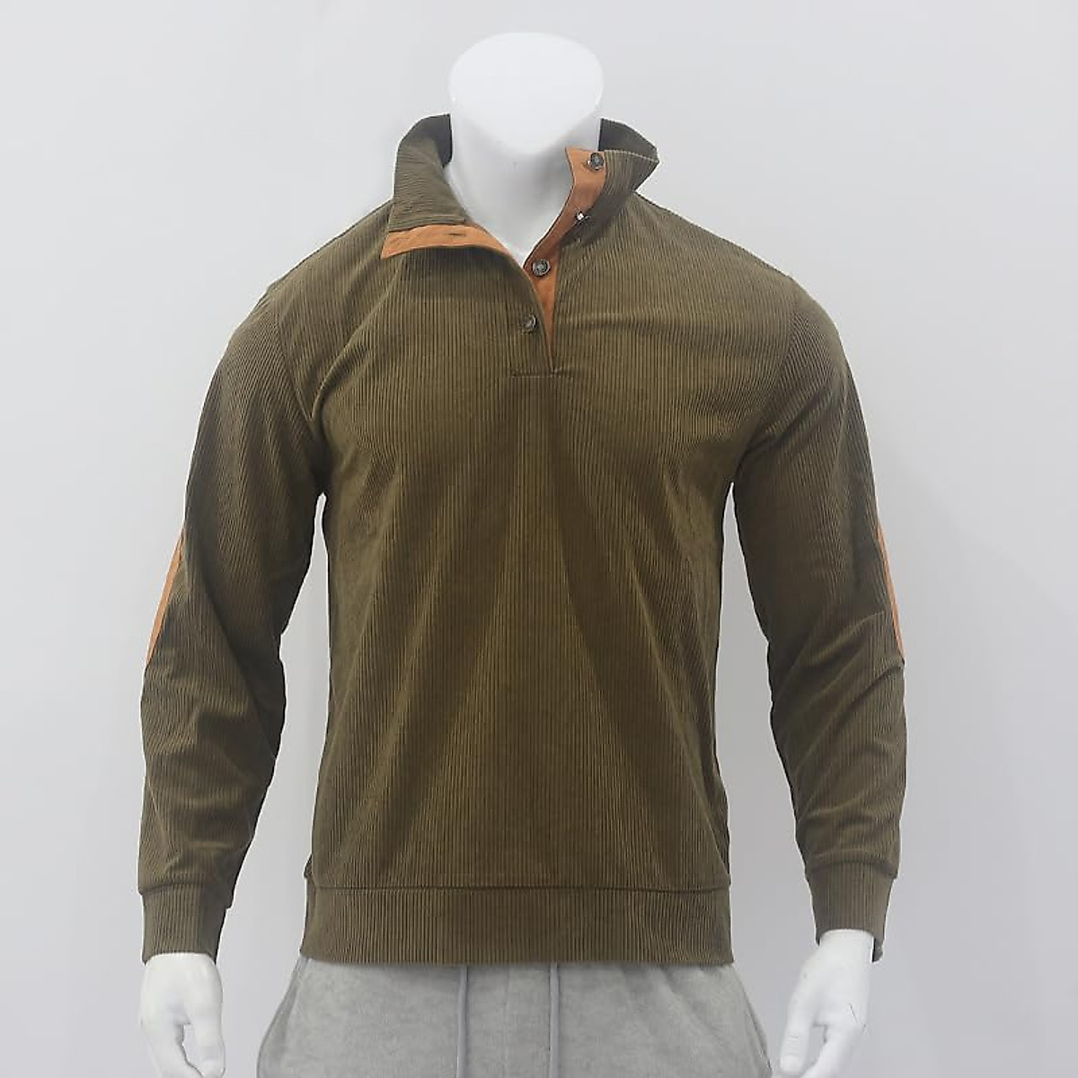 Men's Outdoor Casual Stand Collar Long Sleeve Sweatshirt Vintage Single Breasted Stand Collar Jacket Sweaters (Khaki,3X-Large)