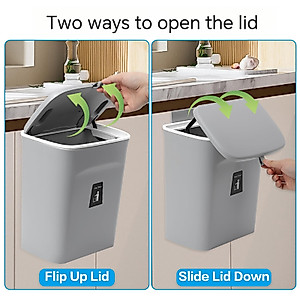 MUGYPYR Compost Bin for Kitchen -2.4 Gallons/9L Trash Can for Under Sink,Hanging Small Trash Can with Lid for Bathroom/Bedroom, Indoor Compost Bucket (Grey)