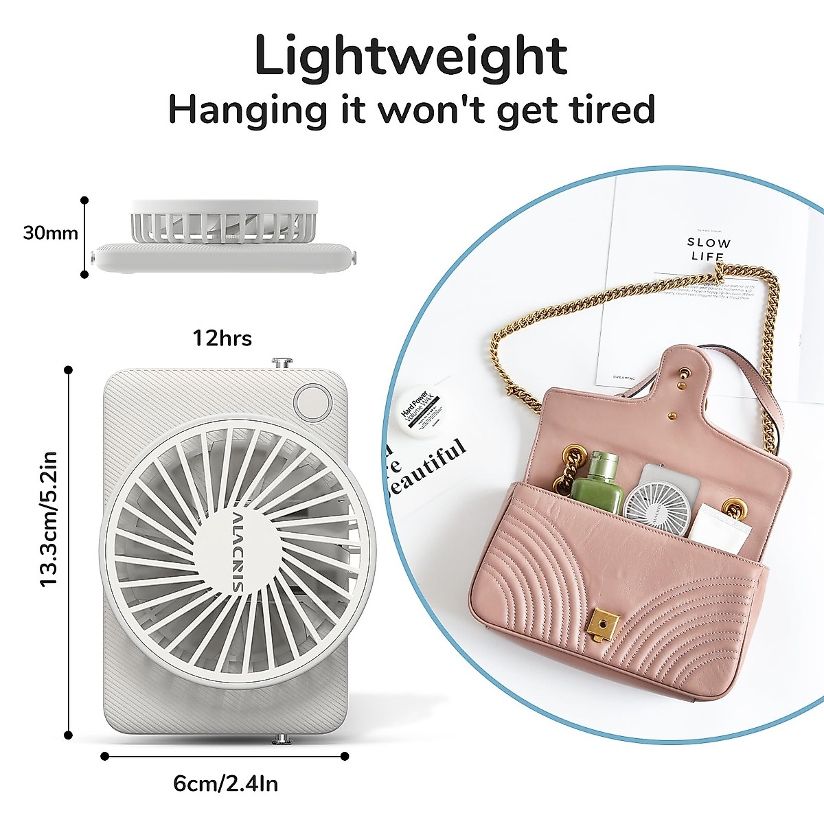 ALACRIS Portable Hanging Neck Fan, Wearable Personal Fan with Adjustable Lanyard, 3 Speeds Rechargeable Mini Handheld Personal Fan for Home Office Outdoor Travel