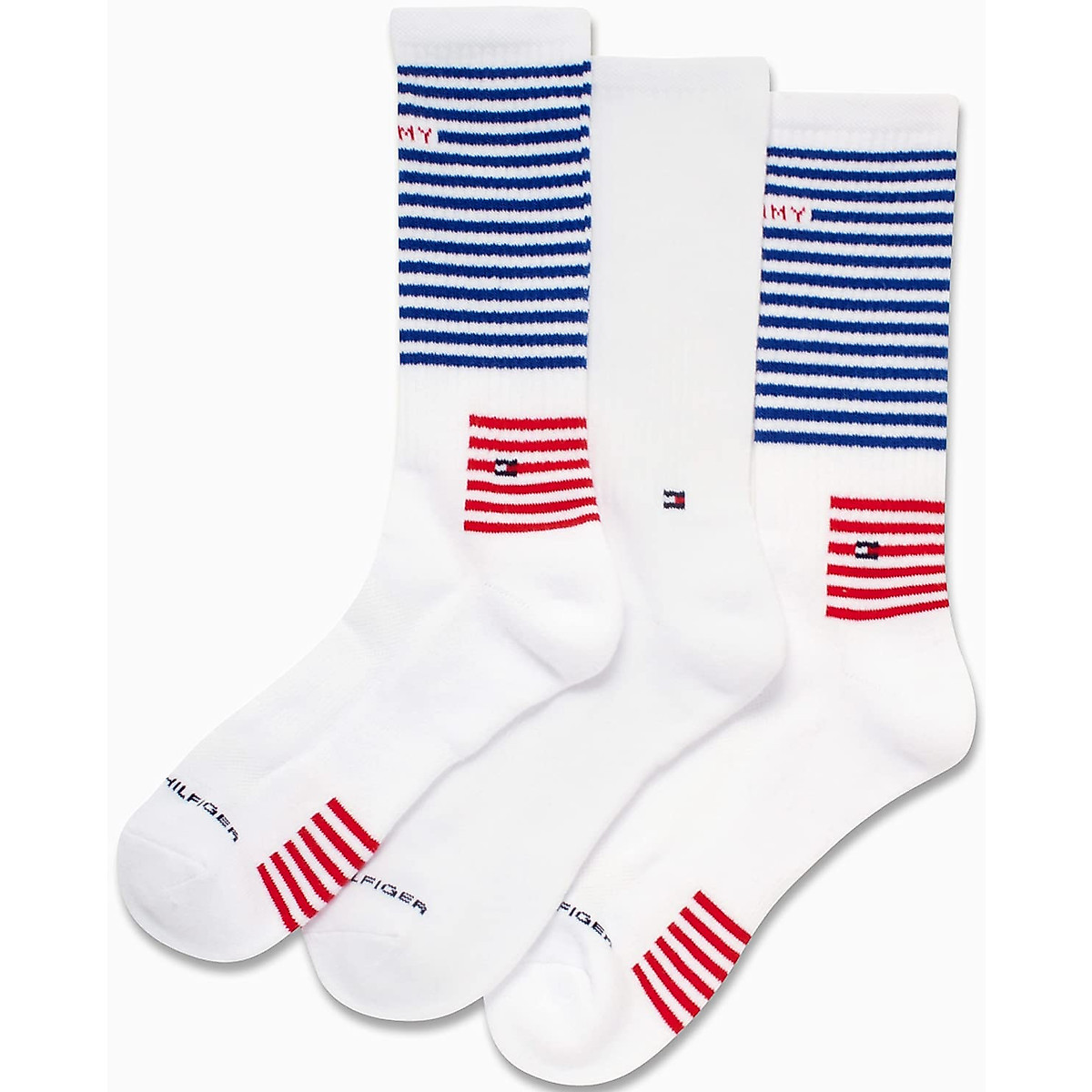 Tommy Hilfiger Men's Athletic Socks - Cushion Crew Socks (3 Pack), Size 7-12, White Stripe