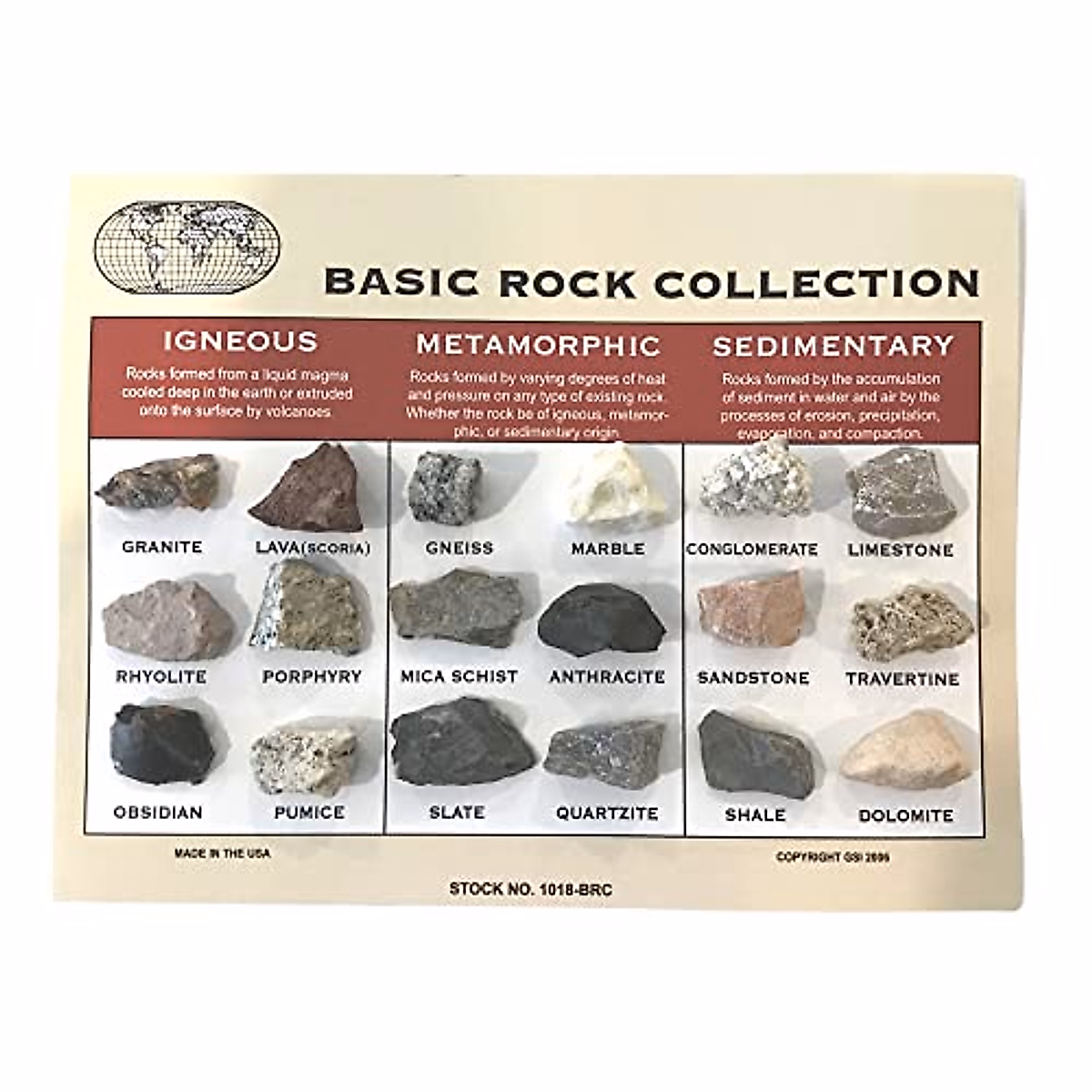 Rock Collection and ID Chart - 18 Rocks - Igneous, Metamorphic, Sedimentary - from DINOSAURS ROCK