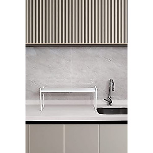 Nxconsu Expandable Cabinet Shelf Organizer Storage Rack Shelf Riser for Kitchen Pantry Cupboard Bathroom Under Sink Counter Countertop Desk Space Saver Freestanding Stackable Heavy Duty White Large