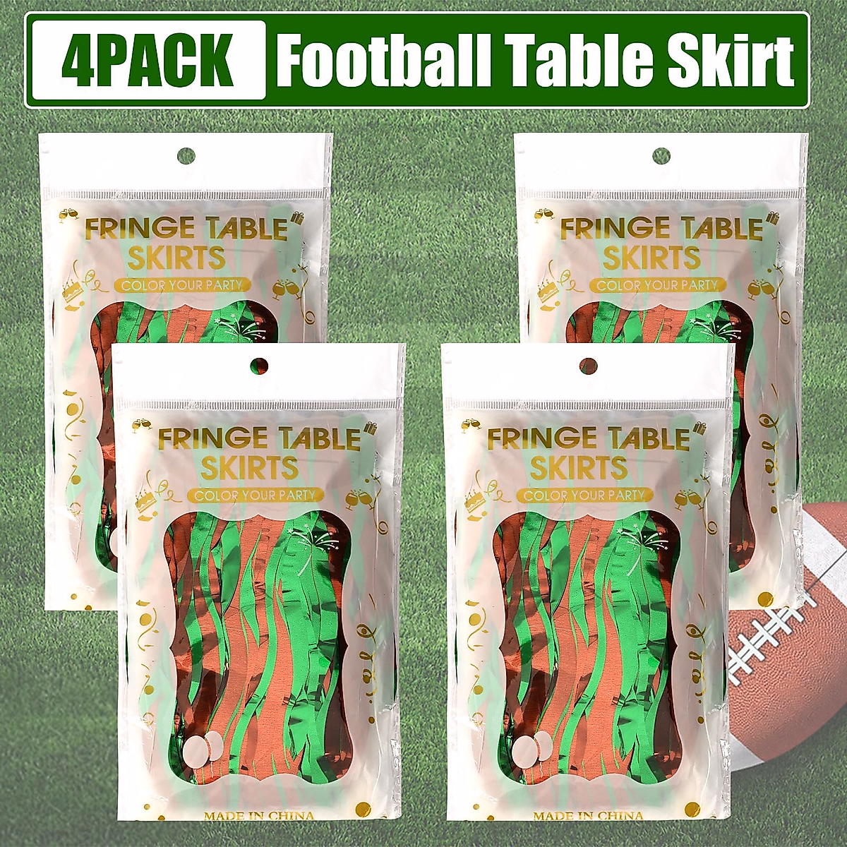 DTOFOOT 4 Pack Football Party Table Skirt Decorations, 30x108 Inch Foil Fringe Tinsel Table Skirts Football Tablecloth Table Cover for Football Birthday Party Decorations Sports Theme Party Supplies
