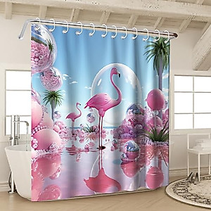 OTRANTO Pink Flamingo Shower Curtain Tropical Leaves Decorative and Balloon Theme Bathroom Decor Set Machine Washable Waterproof Fabric 72 x 72 Include Hooks