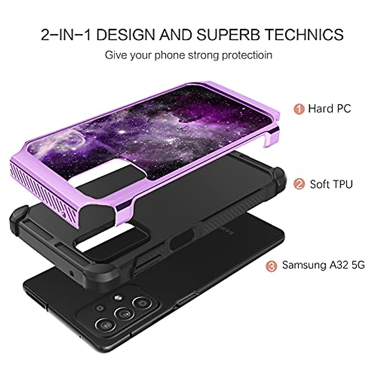 BENTOBEN Samsung Galaxy A32 5G Case, Slim Fit Glow in The Dark 2 in 1 Heavy Duty Rugged Hybrid Soft TPU Bumper Hard PC Shockproof Protective Cases Cover for Samsung Galaxy A32 5G 6.5", Nebula/Galaxy