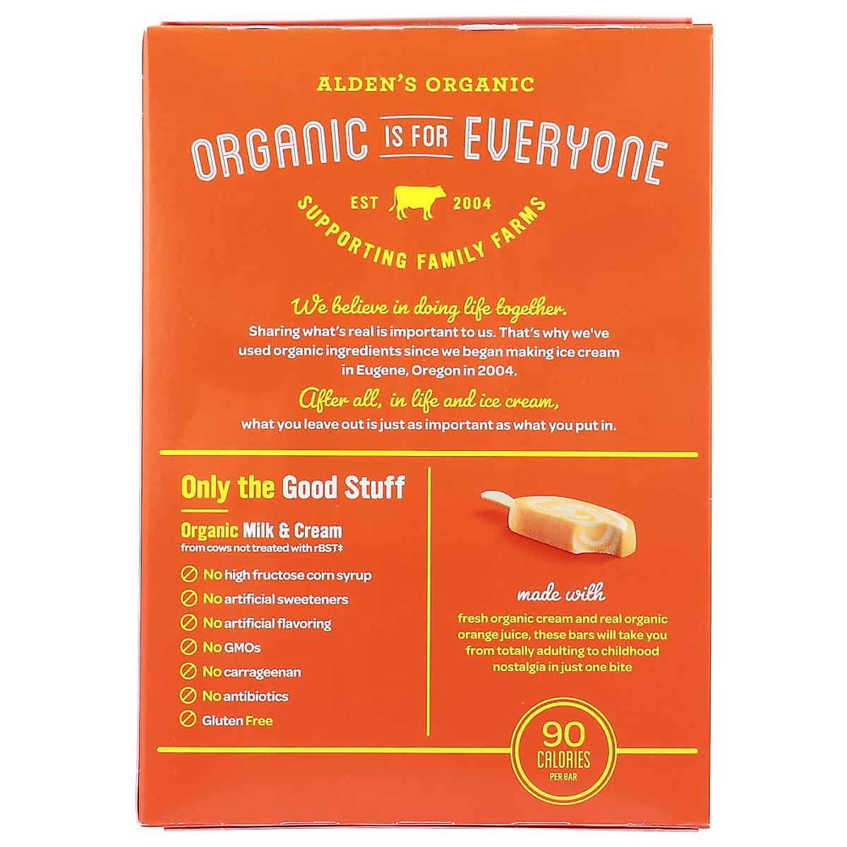 Aldens Organic New School Orange Cream Ice Cream Bars, 3 Fluid Ounce - 4 count per pack - 12 packs per case.