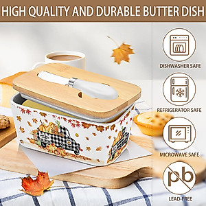 Thanksgiving Decorations Indoor Butter Dish with Lid&Knife, Thanksgiving Gifts for Women Farmhouse Fall Truck Large Ceramic Butter Dishes for Counter, Butter Keeper with Thick Acacia Wood Lid
