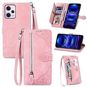 Monwutong Zipper Storage Wallet Case for Redmi Note 12 Pro 5G, Case for Xiaomi Poco X5 Pro,Skin Friendly Feel Leather Case with Muliti-Card Slots Holster for Poco X5 Pro/Note 12 Pro,SZY Pink