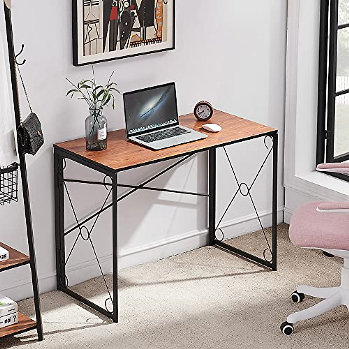 VECELO Folding Computer Desk 39.4'', Simple Laptop Table Home Office Workstation for Reading Writing, No Assembly Needed, Small Space, Teak Brown