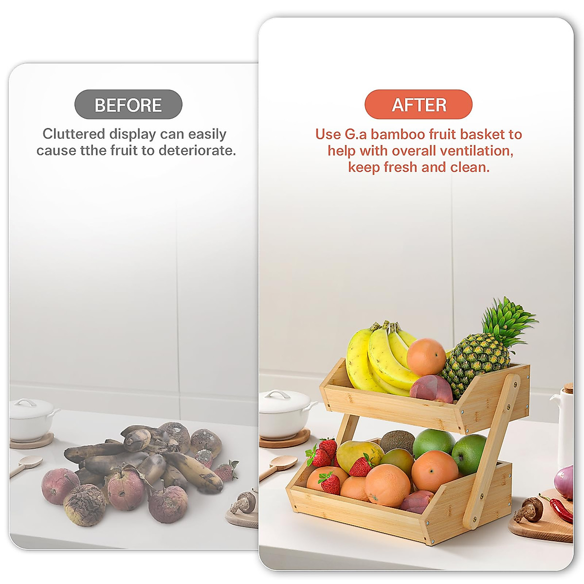 G.a HOMEFAVOR Large Bamboo Fruit Basket, 2-Tier Fruit Bowl for Kitchen Counter, Vegetable Storage Stand for Fruit Shop, 15 mm Thickness (Self-assembly)