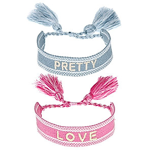 COLORFUL BLING 2pcs Handmade Friendship Wrap Bracelet Set Vintage Woven Lucky Knitted Word Adjustable Braided Bracelets for Women Girls Gift-Love+Pretty
