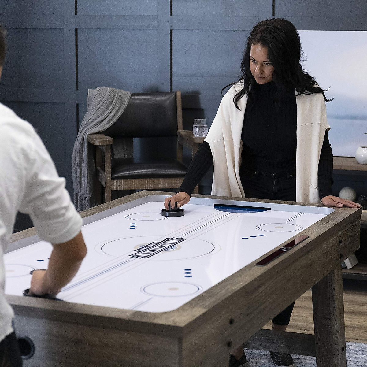 American Legend Brookdale Air-Powered Hockey Table with Rustic Wood Grain Finish, Angled Legs and Turnbuckle Accents Brown, 75.31"L x 38.98"W x 8.5"H