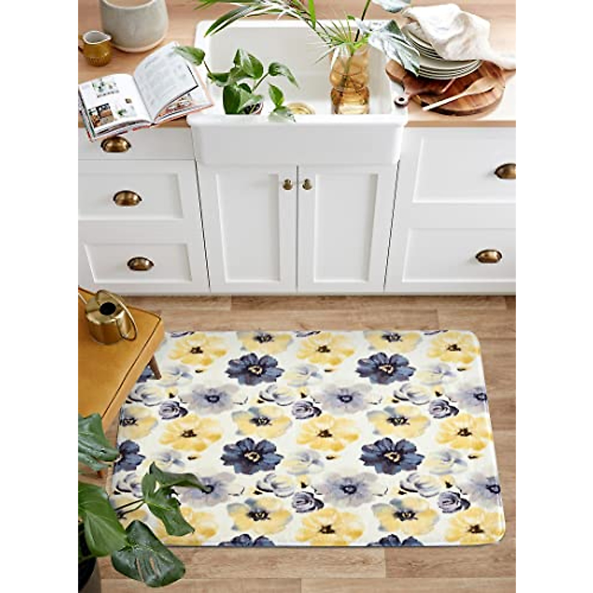 RoomTalks Modern Boho Floral 2x3 Area Rug - Faux Wool Non-Slip Cute Bohemian Colorful Yellow Gray Flowers Bathroom Rug Washable Small Throw Rugs for Entryway Kitchen Bedroom Floor Carpet