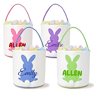 Atiming Canvas Bunny Easter Basket Personalized for Kids, Custom Easter Egg Hunting Basket with Name for Boys Girls Easter Bunny Eggs Hunt Basket Easter Party Gift Bags - Blue