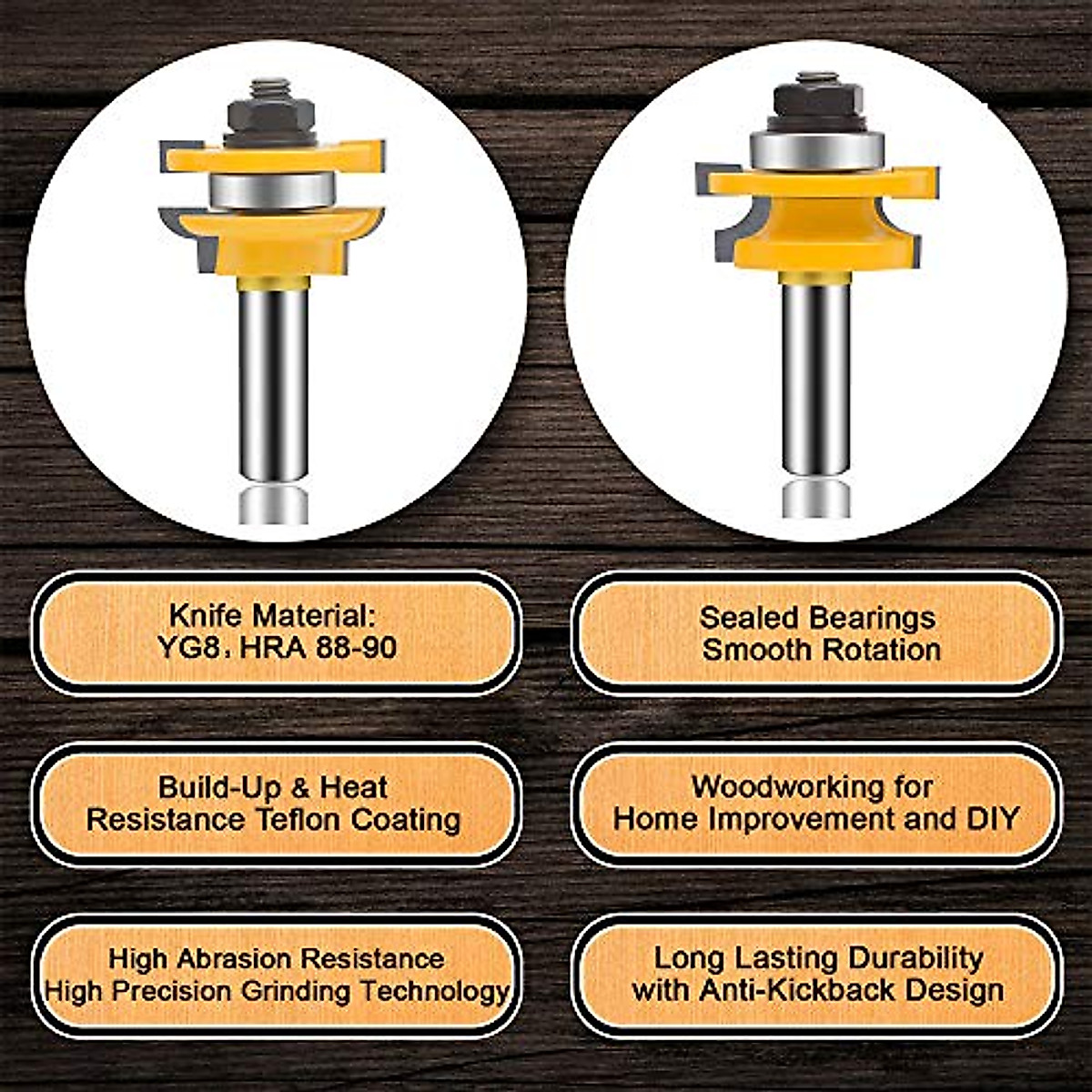 OLETBE Router Bit Set 1/2 Inch Shank 3 PCS Round Over Raised Panel Cabinet Door Ogee Rail and Stile Router Bits, Woodworking Wood Cutter, Wood Carbide Milling Tool(Gold)