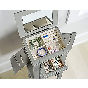 Hives and Honey Kennedy Jewelry Armoire - Modern Wood Storage Organizer with Necklace Hooks, 5 Drawers, and Vanity Mirror, Grey