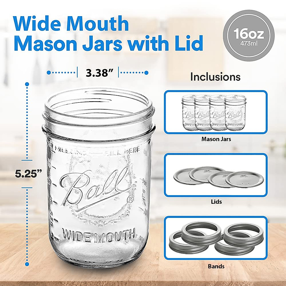 Wide Mouth Mason Jars 16 oz. (4 Pack) - Pint Size Jars with Airtight Lids and Bands for Canning, Fermenting, Pickling, or DIY Decors and Projects - Bundled with Jar Opener
