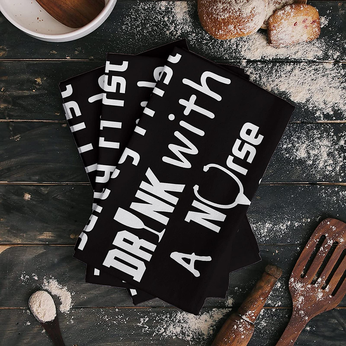 Cotton Kitchen Towels Dishcloth Nurse Cap Safety Frist Drink with a Nurse Black Absorbent Kitchen Dish Towels-Reusable Cleaning Cloths for Kitchen,Tea Towels/Bar Towels/Hand Towels,18x28inch 3 Pack