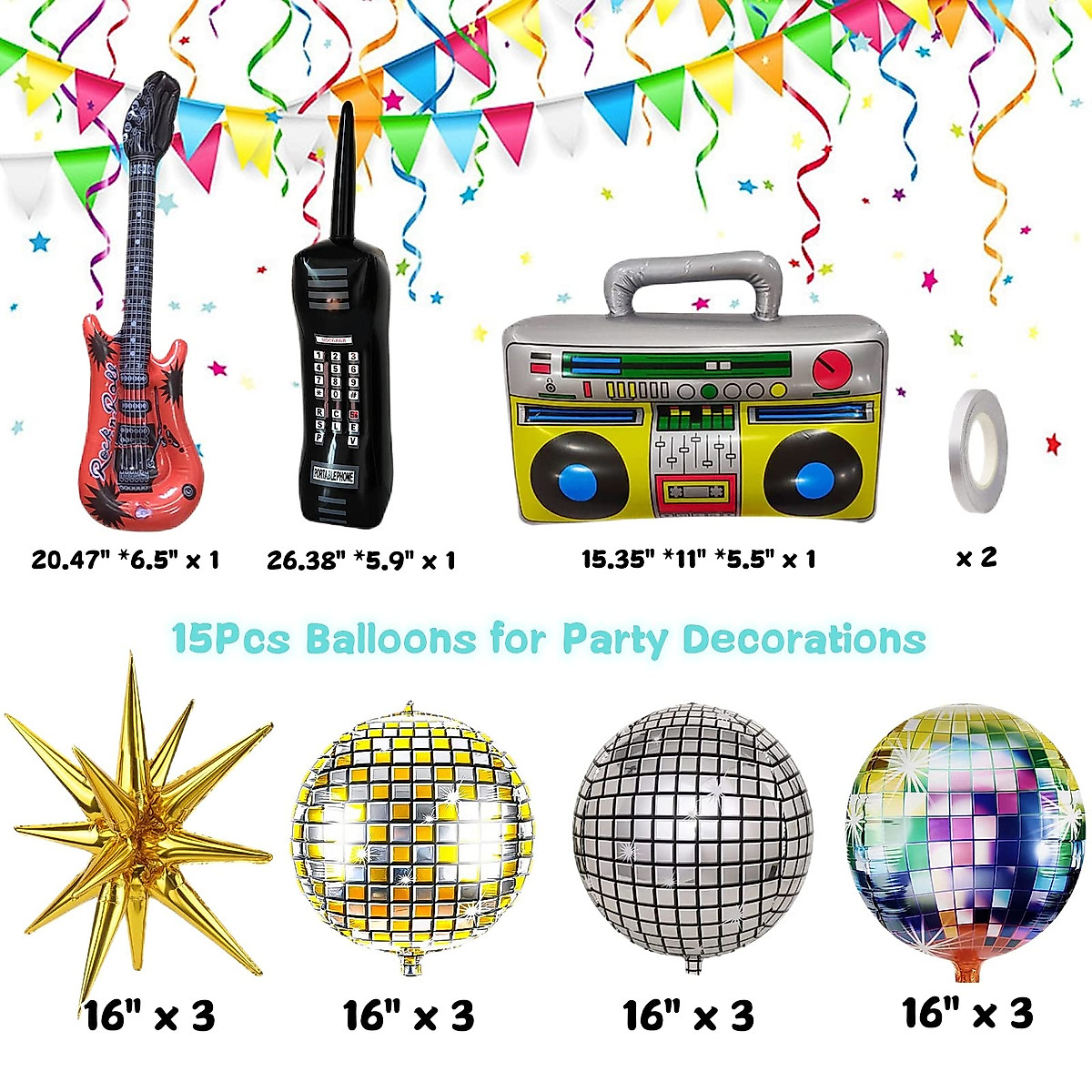 80s 90s Party Decorations, 15Pcs Disco Ball Balloons Gold Explosion Star Foil Balloons Inflatable Boom Box Guitar Mobile Phone Balloons for 80s 90s Hip Hop Theme Birthday Party Decor Supplies