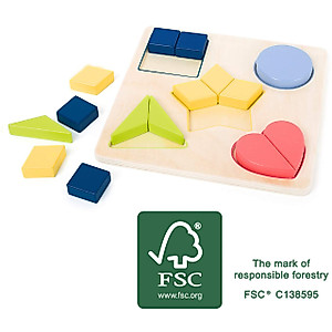 small foot wooden toys Small Foot Wooden Toys Colorful Shapes 15 piece Puzzle "Educate" educational toy designed for children ages 3+, Multi (11101)