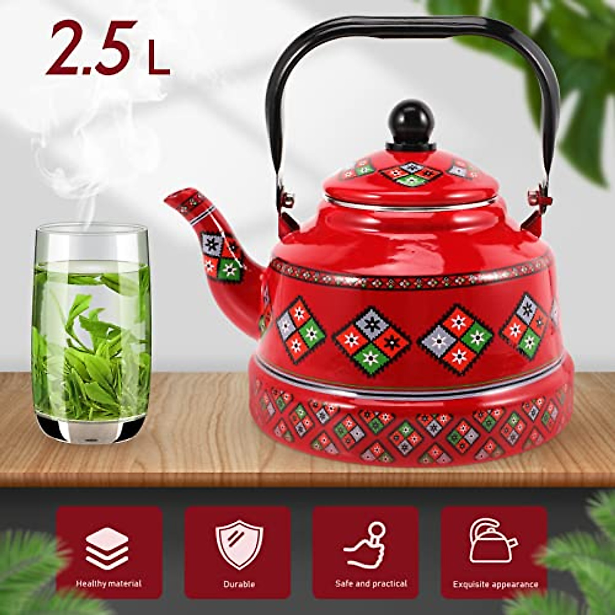 Enamel Teakettle Stainless Steel Teapot Stovetop Water Boiler Kettle 2.5l Enameled Tea Serving Pot No Whistling Kettle for Home Kitchen Cookware Red