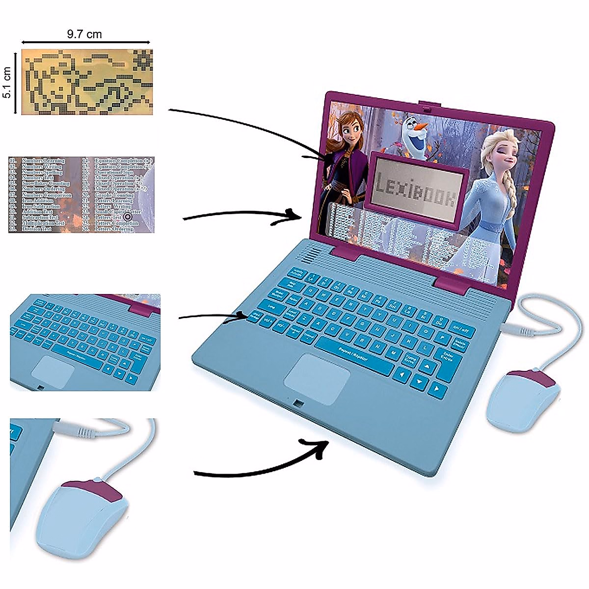 Lexibook Disney Frozen 2 - Educational and Bilingual Laptop Spanish/English - Girls Toy with 124 Activities to Learn, Play Games and Music with Elsa & Anna - Blue/Purple, JC598FZi2