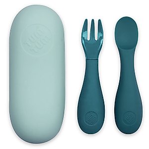 TUM TUM Baby Cutlery with Case, Baby Spoon & Fork Set, Baby Cutlery for Babies, First self Feeding Cutlery, Silicone Baby Spoon & Fork, 6 Months Plus, (Blue)