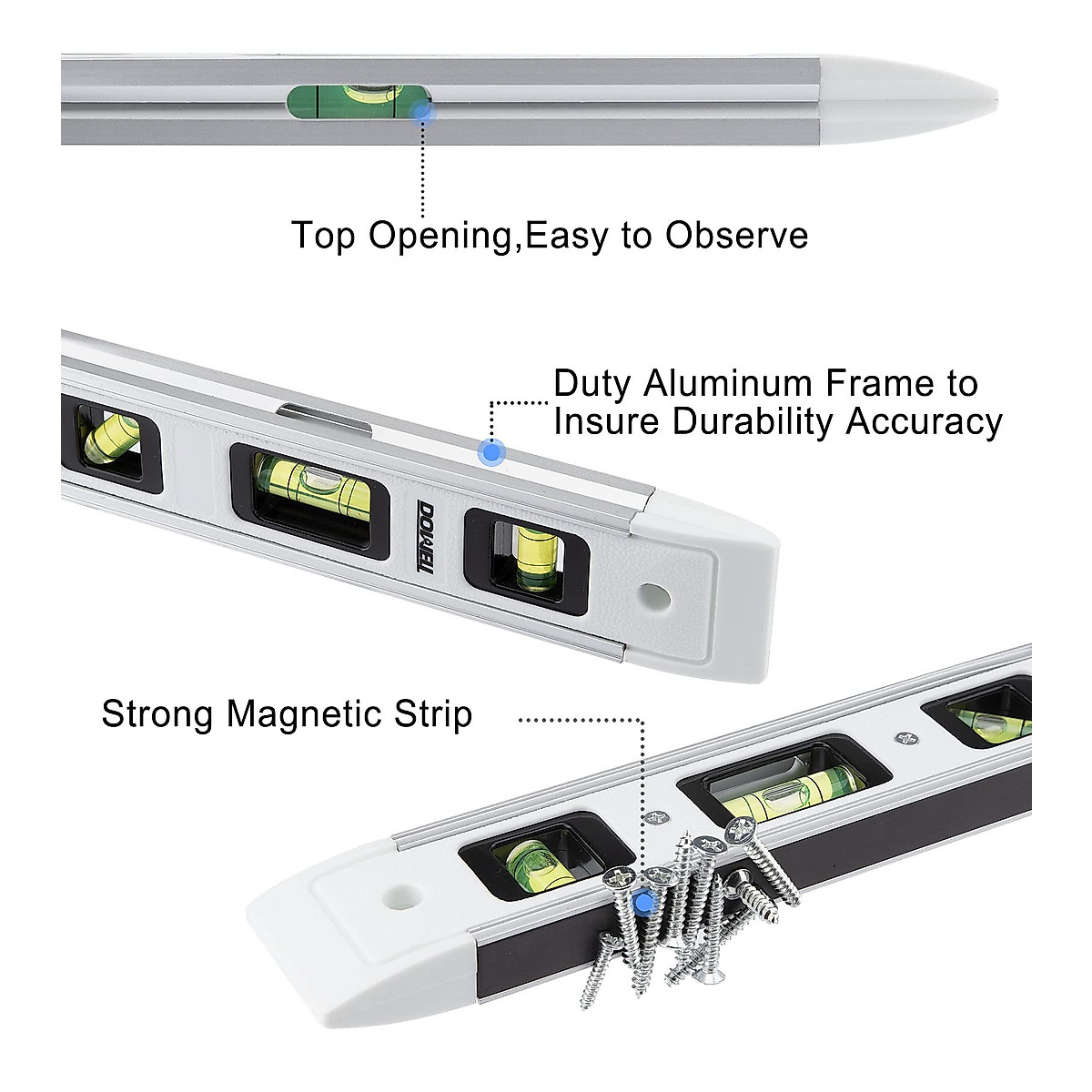 DOWELL Magnetic Torpedo Level Mini Bubble Level Box Spirit Level Alloy Frame 180/90/45 Degree 9-Inch (1, White)