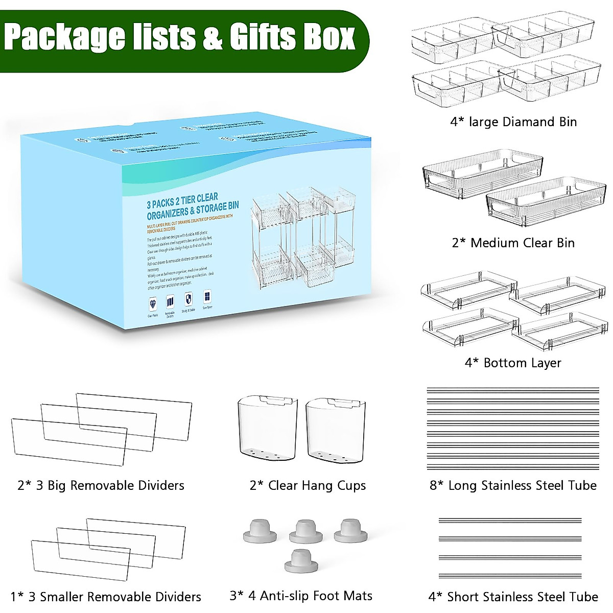 RIKOJUXI 3 Packs 2 Tier Under Sink Organizer with Removable Dividers and Stackable Design, Multi-use Pantry Organizers and Storage, Pull Out Cabinet Organizer Bathroom Counter Organizer