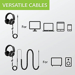 Avantree HF049 Extra Long Coiled Cord Over Ear Wired Headphones for TV (Without Volume Control) and PC, 3.5mm AUX 16ft / 5M Extended Cable with Clip, 50mm Drivers High-Precision Sound, 6.35mm Adapter