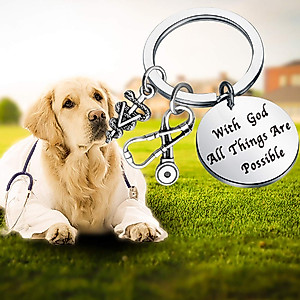 BEKECH Veterinarian Gift Veterinary Technician Gift with God All Things are Possible Keychain with Caduceus Stethoscope Charm Vet Tech Jewelry Animal Rescue Gift (Silver)