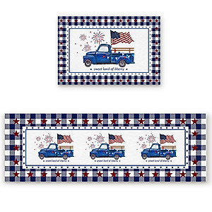 July 4th Kitchen Rugs Sets 2 Piece Floor Mats Independence Day Buffalo Plaid Blue Truck Stars Doormat Non-Slip Rubber Backing Area Rugs Carpet Inside Door Mat Pad Sets-15.7" x 23.6"+15.7" x 47.2"