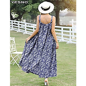 YESNO Maxi Dress for Women with Pockets Boho Summer Dress with Wide Adjustable Buttoned Strap M E96 CR148