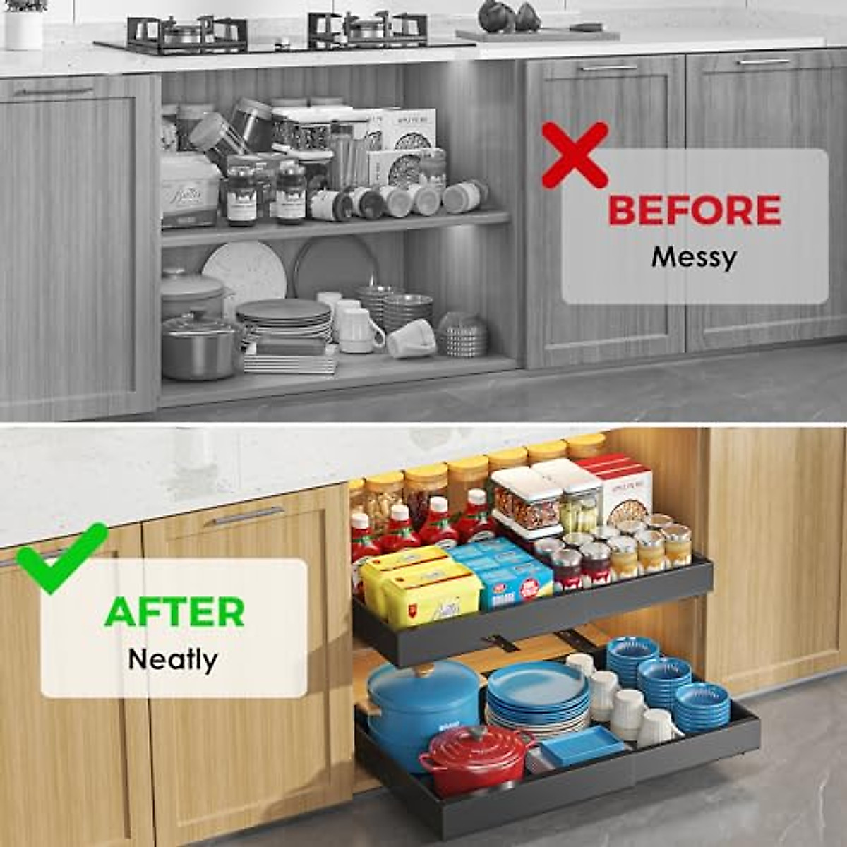 Pull Out Cabinet Organizer, 1PC 21" Deep Expandable (12.2"-20") Heavy Duty Pull Out Drawers for Cabinets Fixed with Adhesive Film, Peel Stick Slide Out Drawers for Kitchen Pantry, No Screw, Black