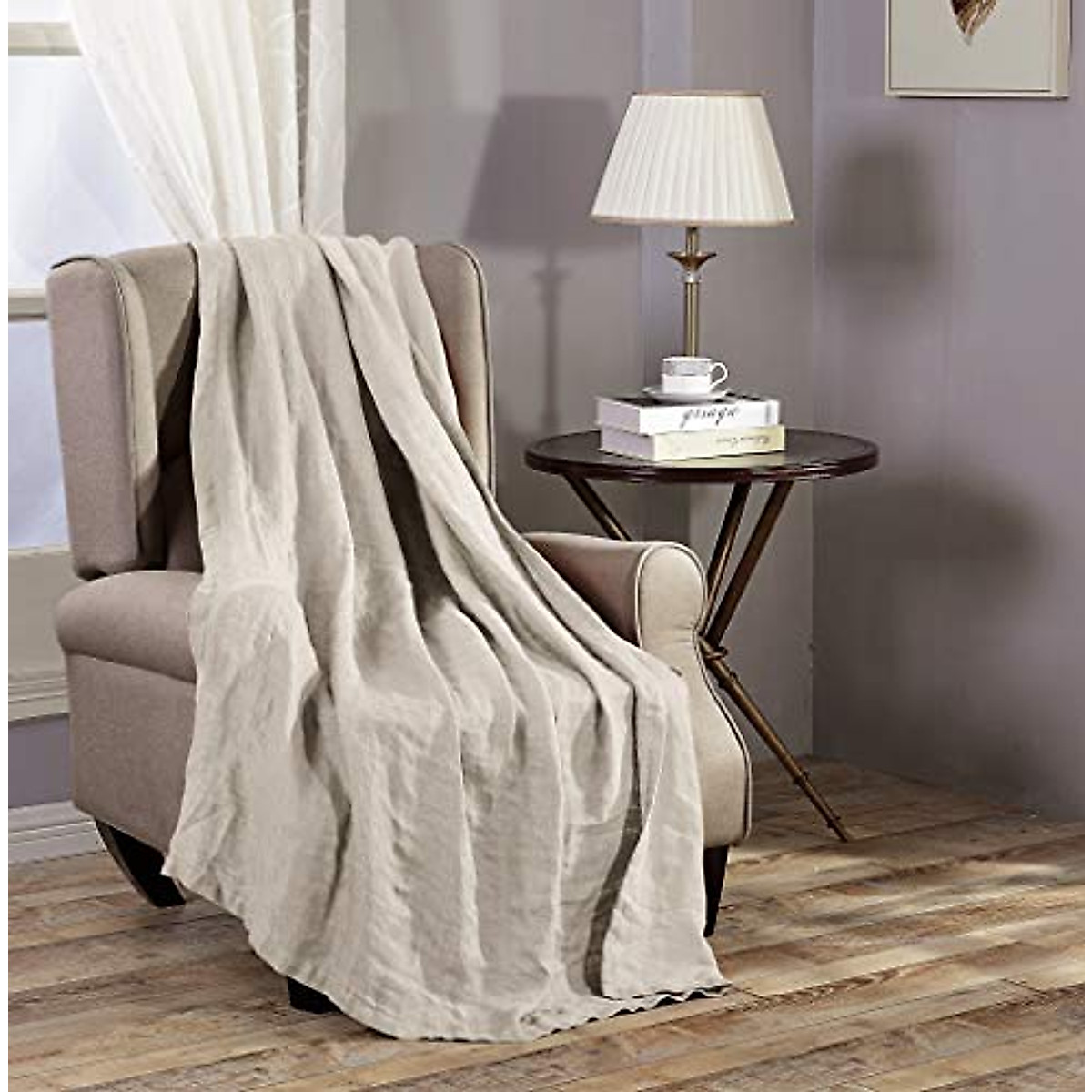 Brussels Super Soft Lightweight Pre-Washed Belgian Flax Linen Reversible Throw Blanket, 50" x 70" - Natural Linen Color