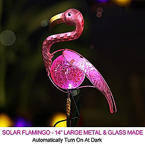 Bright Zeal 14" Big Metal Outdoor Solar Lights Waterproof Flamingo Garden LED Stake Light - Solar Pink Flamingos Yard Ornaments - Solar Stake Lights Yard Decor Solar Metal Yard Art