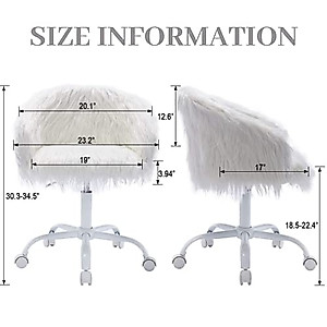 Cute Fluffy Desk Chair Rolling Vanity Chair with Back Faux Fur Home Office Chair with Wheels Adjustable Height Armchair for Teens Adults Study Room Bedroom, White