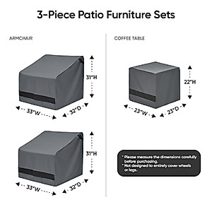 loriano Patio Furniture Covers Set, 3 Piece Outdoor Furniture Cover Waterproof, 600D Heavy Duty Lawn Furniture Covers Set Grey