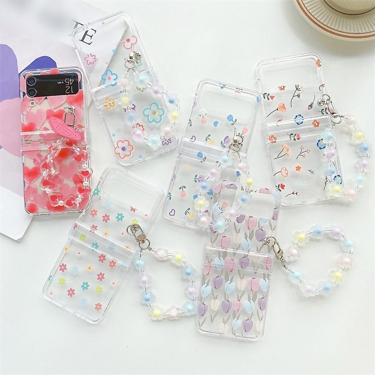 HANASE Cute Beads Pendant Flower Painting Hinge Phone Case for Samsung Galaxy Z Flip 4 3 Z Flip3 Flip4 5G Clear Hard Protective Cover,Z5,for Z Flip 4
