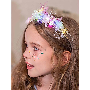 Yean Light up Butterfly Fairy Headband Pearl Princess Tiara LED Crystal Festival Hair Accessories for Women and Girls