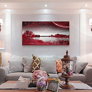 wall art for living room Red Lakes and trees under the starry sky red landscape painting office Wall Art Decor 20" x 40" single Pieces Canvas Prints Ready to Hang for Home Decoration Works For bedroom