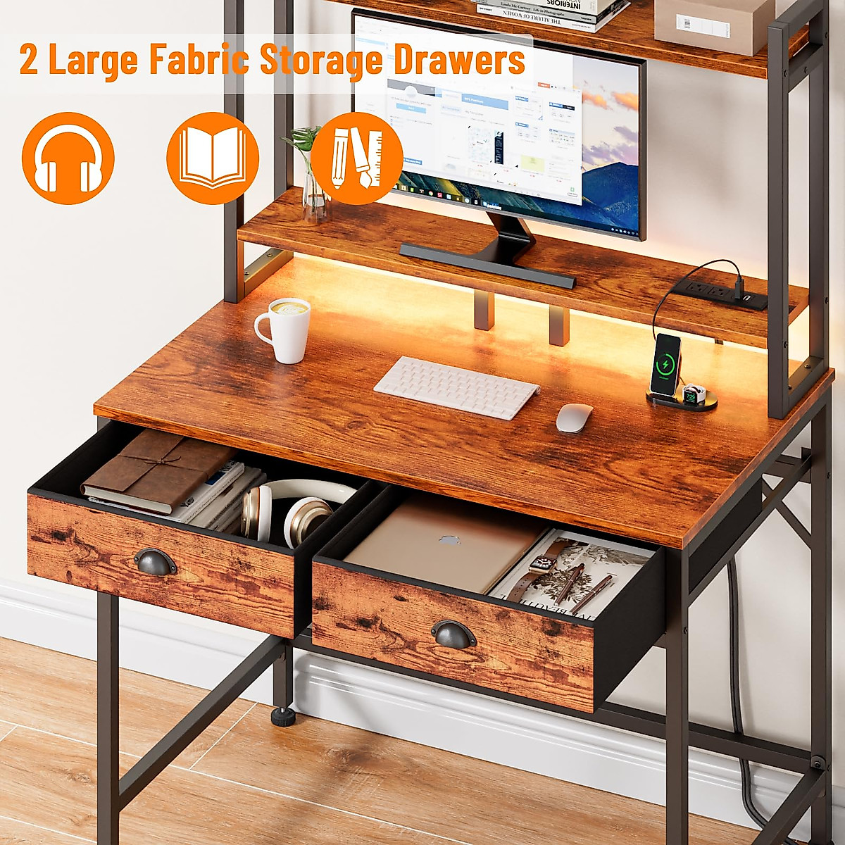 Furologee Small Computer Desk with Drawers, 36 Inch Home Office Desks with Power Outlet and LED Light, Gaming Desk with Monitor Stand, Modern Work/Writing/Study Table for Bedroom, Rustic Brown