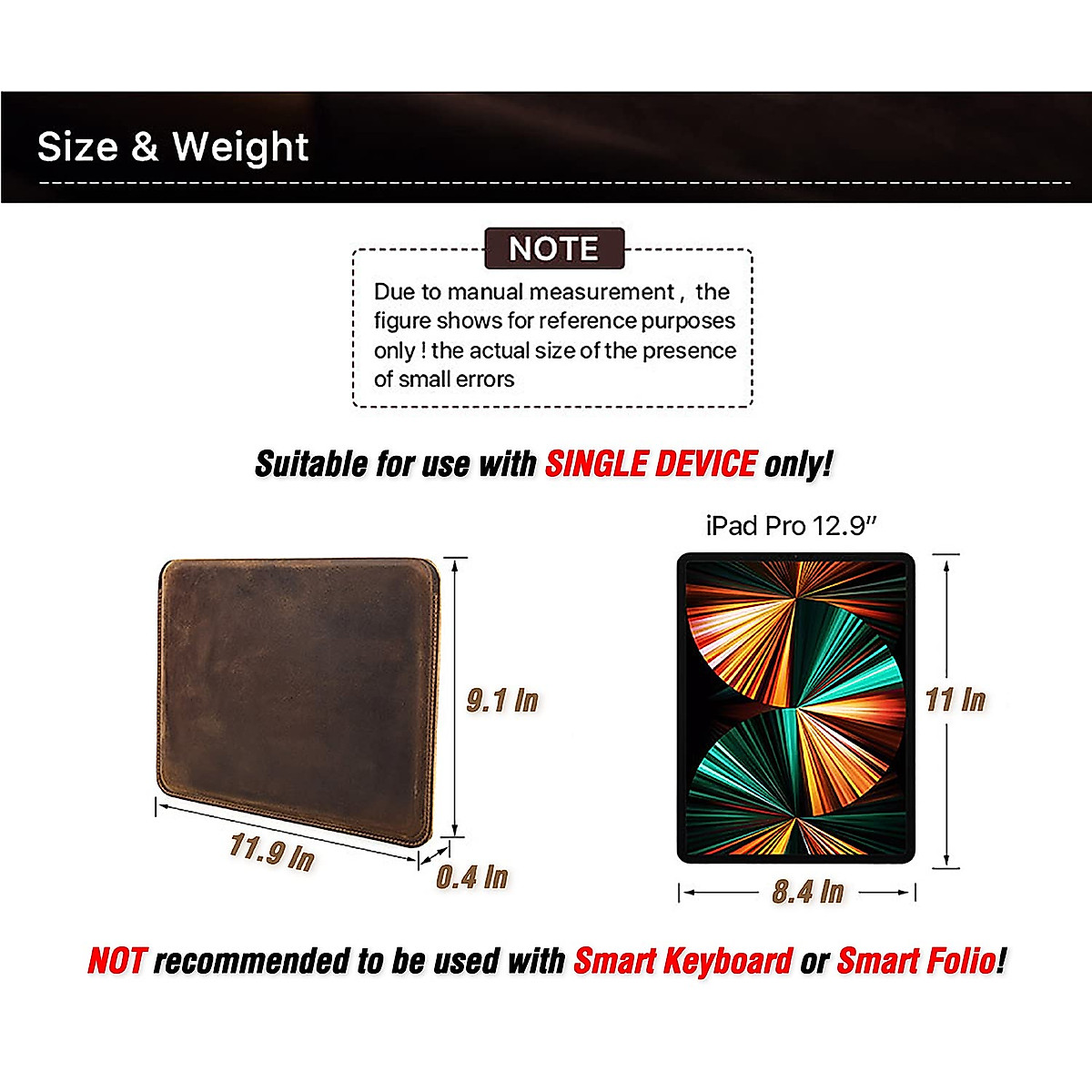 CataPurus Top Grain Genuine Leather 12.9" iPad Sleeve Case, Minimalist Vintage Design, Handmade, Compatible with 12.9" iPad Pro 3/4/5/6 Gen, Fits A1876 A1865 A1983 A2014 A2229 A2232, Coffee 12.9 Inch