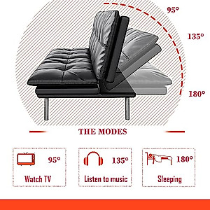 Fangflower Futon Sofa Bed, Faux Leather Memory Foam Couch, Foldable Convertible Sleeper Loveseat, Daybed for Living Room, Black