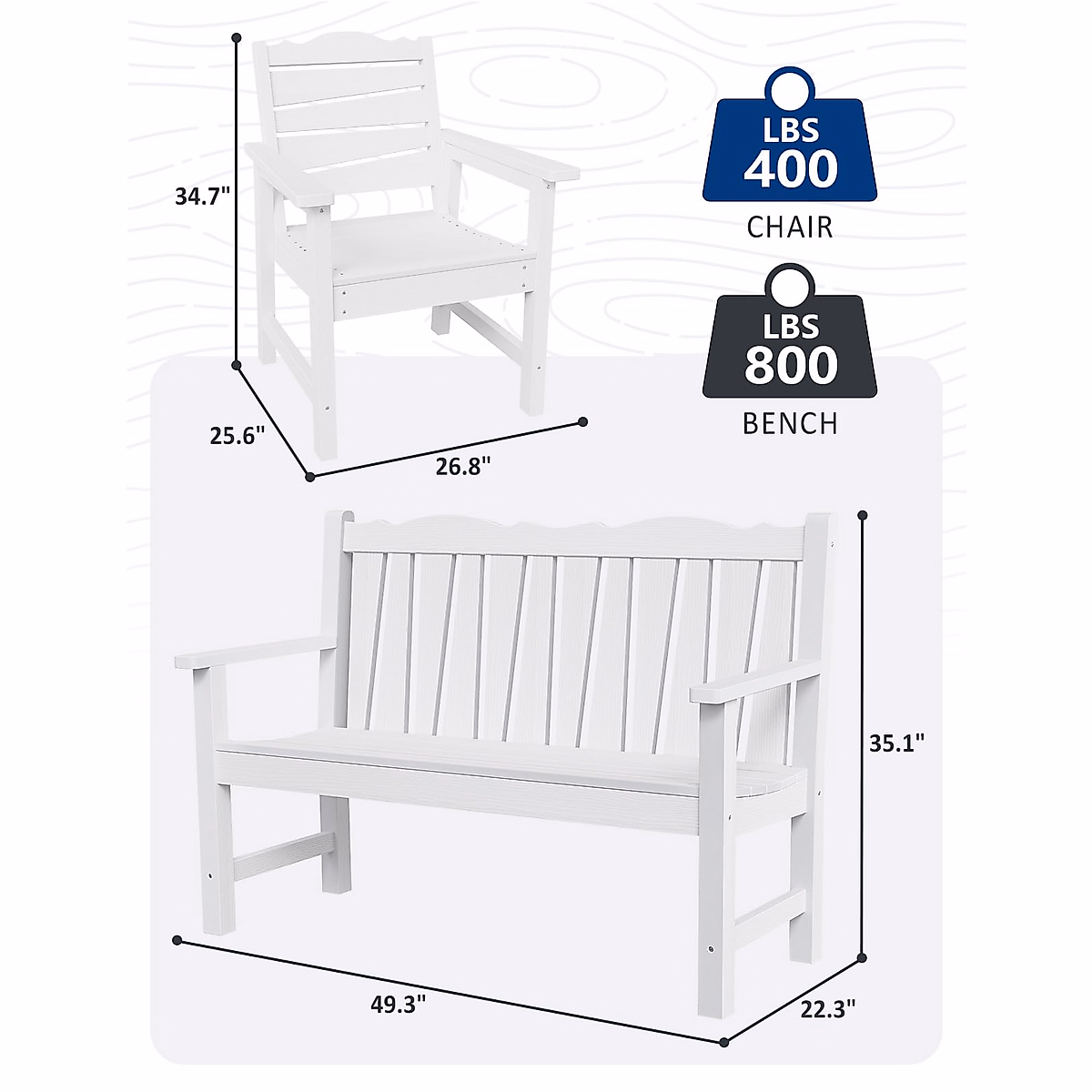 LAHAAP Outdoor Bench Set, Weatherproof Patio Furniture 3 Pieces Conversation Sets, Include Outdoor Bench + 2 Patio Chairs, for Garden Porch Lawn & Backyard (White)