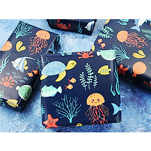 Ocean Themed Birthday Wrapping Paper For Kids Girls Boys, Under the Water Animal Coastal Design Gift Wrap Paper for Birthday Baby Shower Children's Day, 4 Sheets Folded Flat 20x28 Inches Per Sheet