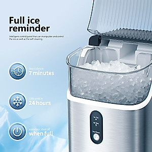 ZAFRO Nugget Ice Maker Countertop，One-Click Self-Cleaning Portable Ice Machine with Ice Scoop and Basket，Soft Chewable Ice in 7 Mins，35lbs/24H，for Home Kitchen Office Party，Stainless Steel Silver