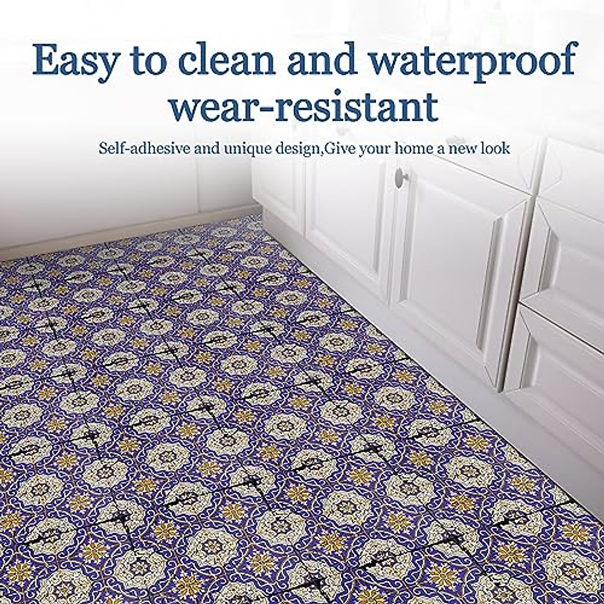 Poipi Peel and Stick Tile Waterproof for Bathroom, Vinyl Flooring Easy to Clean for Kitchen, Self Adhesive Floor Tile for Room Decor Bedroom (Blue, 10 Pieces)