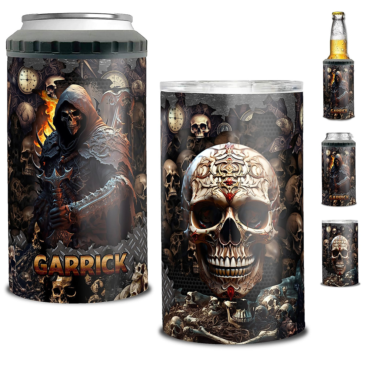 Personalized Skull Can Cooler 4 in 1 Holder Cup with Lid Customized Name Who Love Skulls 16oz Beer Drinking Gifts for Men Birthday Fathers Day